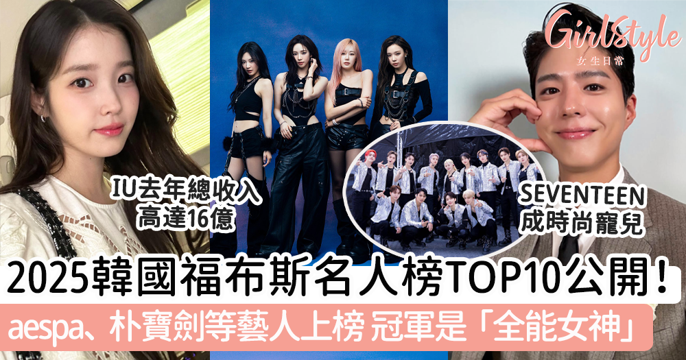 2025韓國福布斯名人榜 TOP10公開！aespa、朴寶劍等藝人上榜